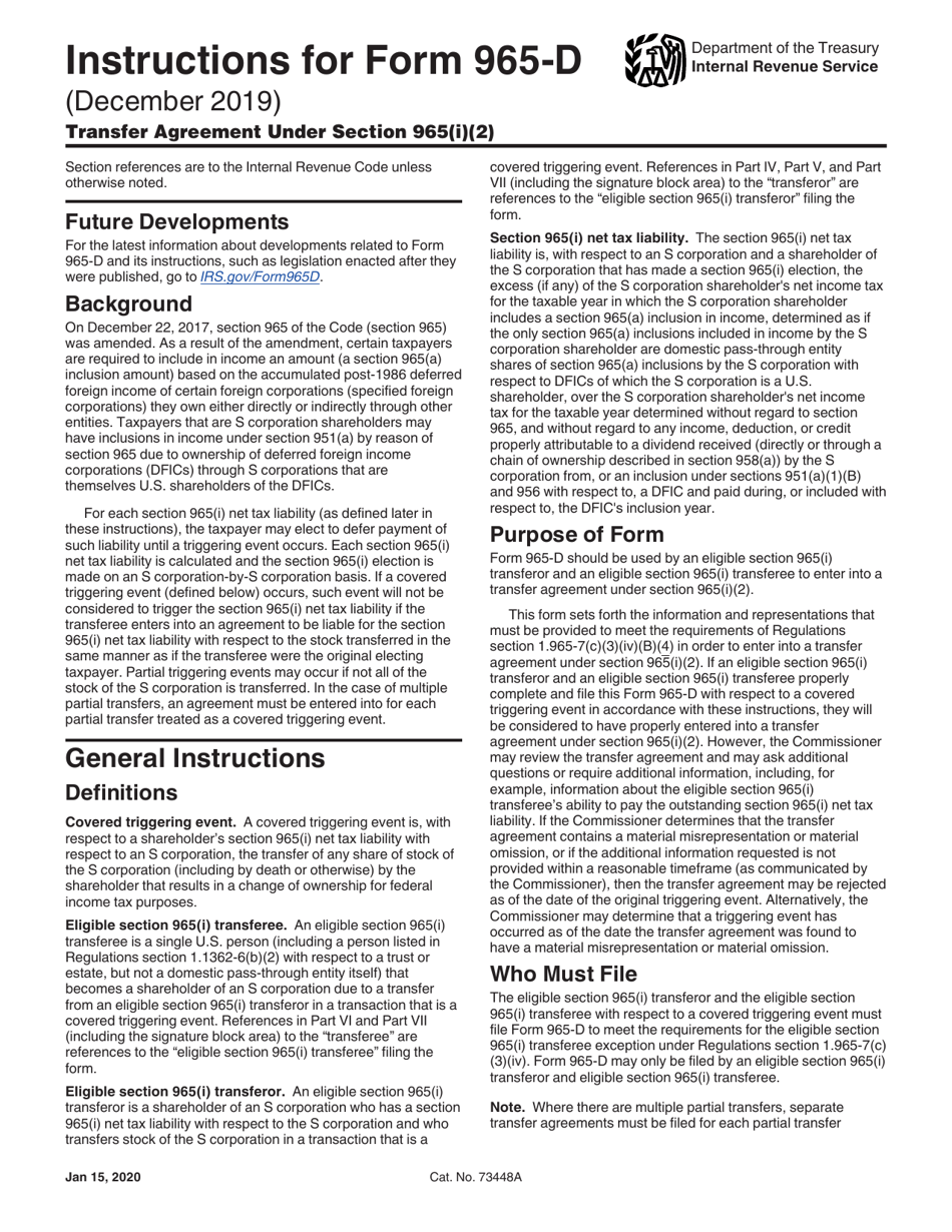 Download Instructions For IRS Form 965 D Transfer Agreement Under