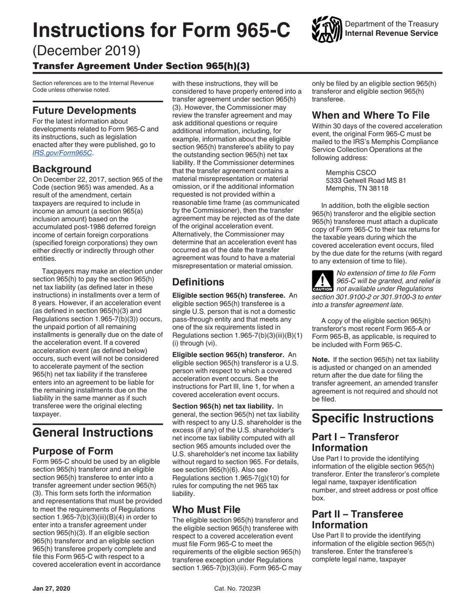 Download Instructions For IRS Form 965 C Transfer Agreement Under