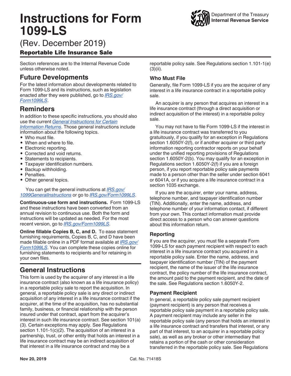 Download Instructions for IRS Form 1099-LS Reportable Life Insurance ...