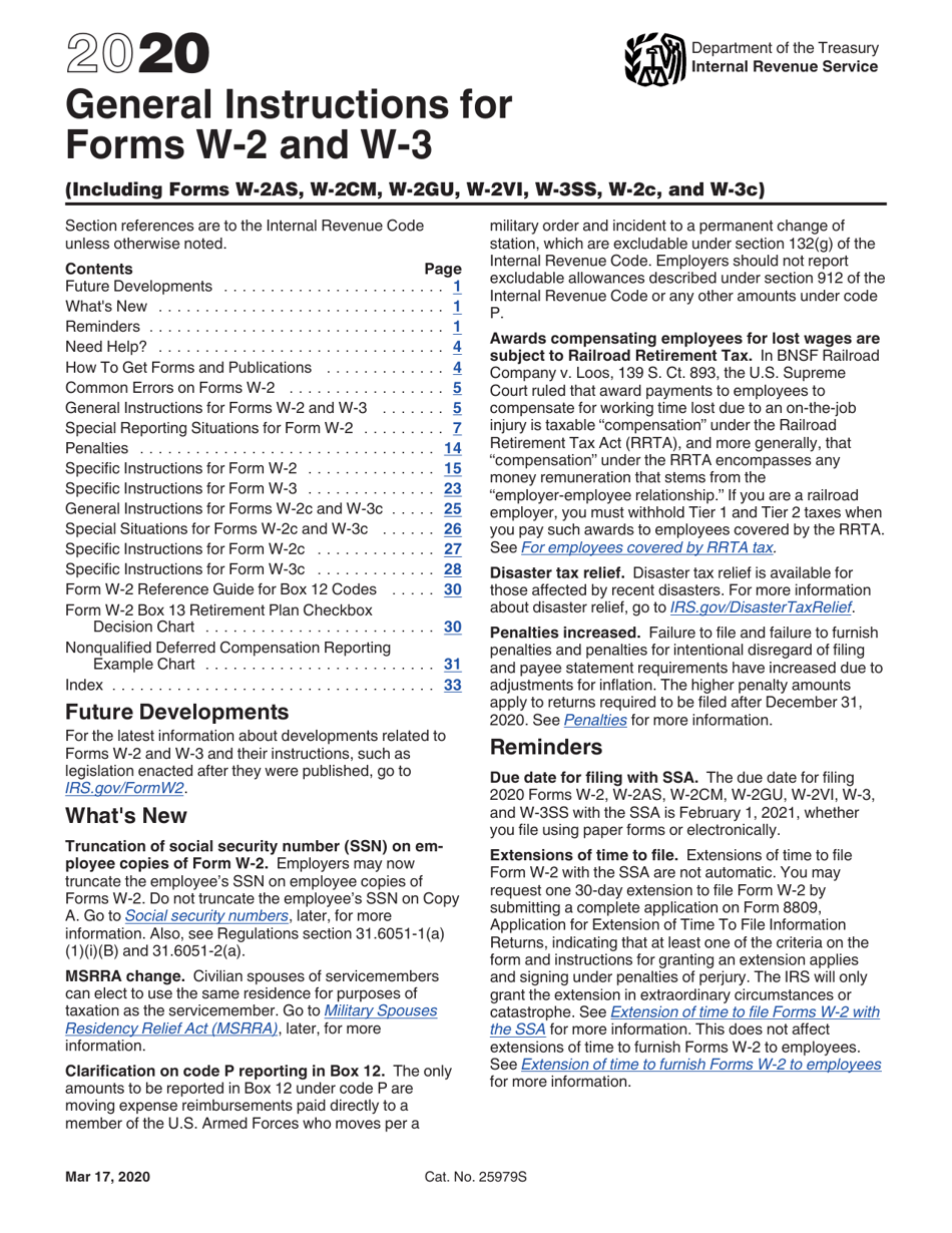 Download Instructions for IRS Form W-2, W-3, W-2AS, W-2CM, W-2GU, W-2VI ...
