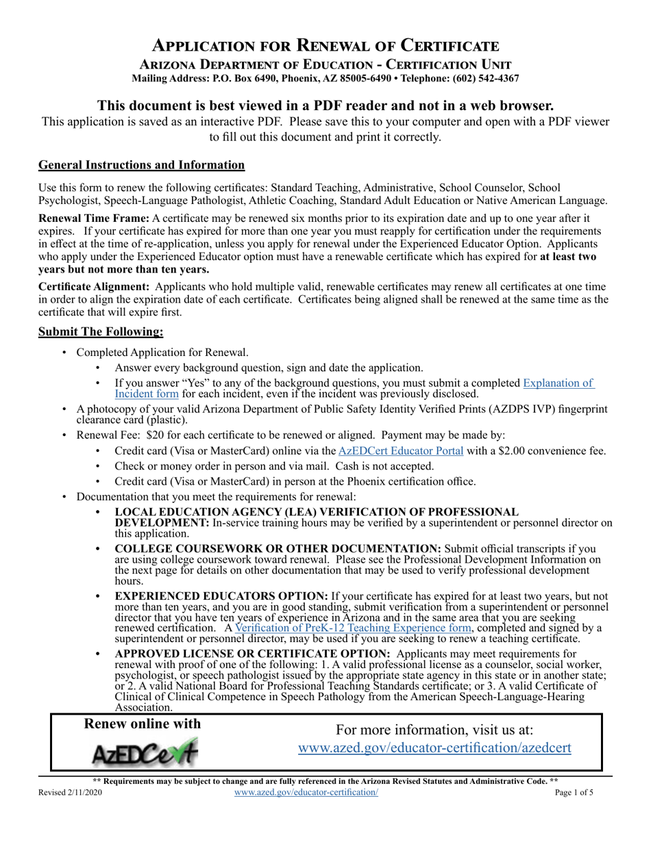 Arizona Application for Renewal of Certificate - Fill Out, Sign Online ...