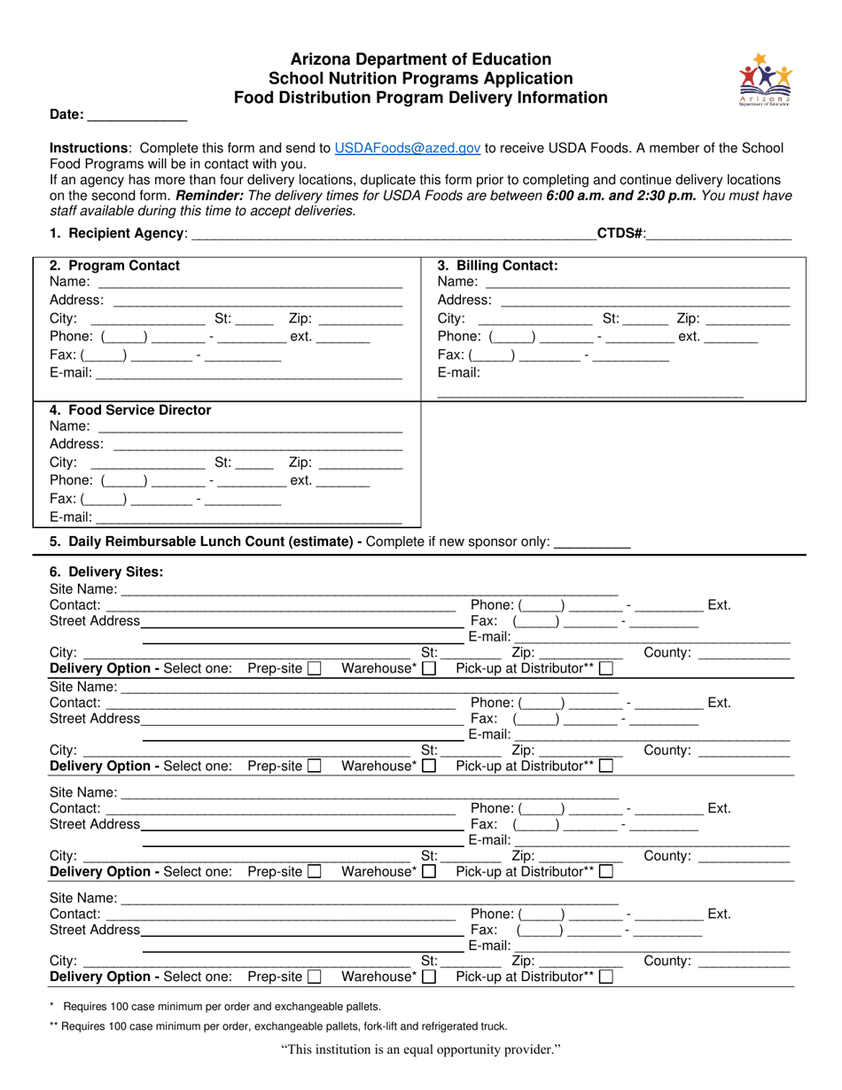 Arizona School Nutrition Programs Application Food Distribution Program ...