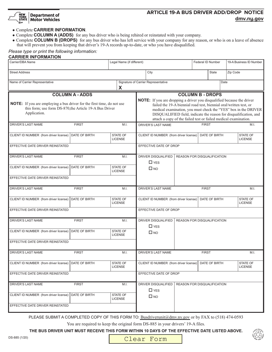 Form DS-885 Download Fillable PDF or Fill Online Article 19-a Bus ...