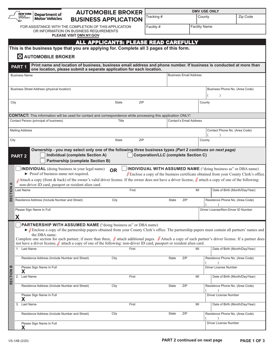 Form VS-1AB Download Fillable PDF or Fill Online Automobile Broker ...
