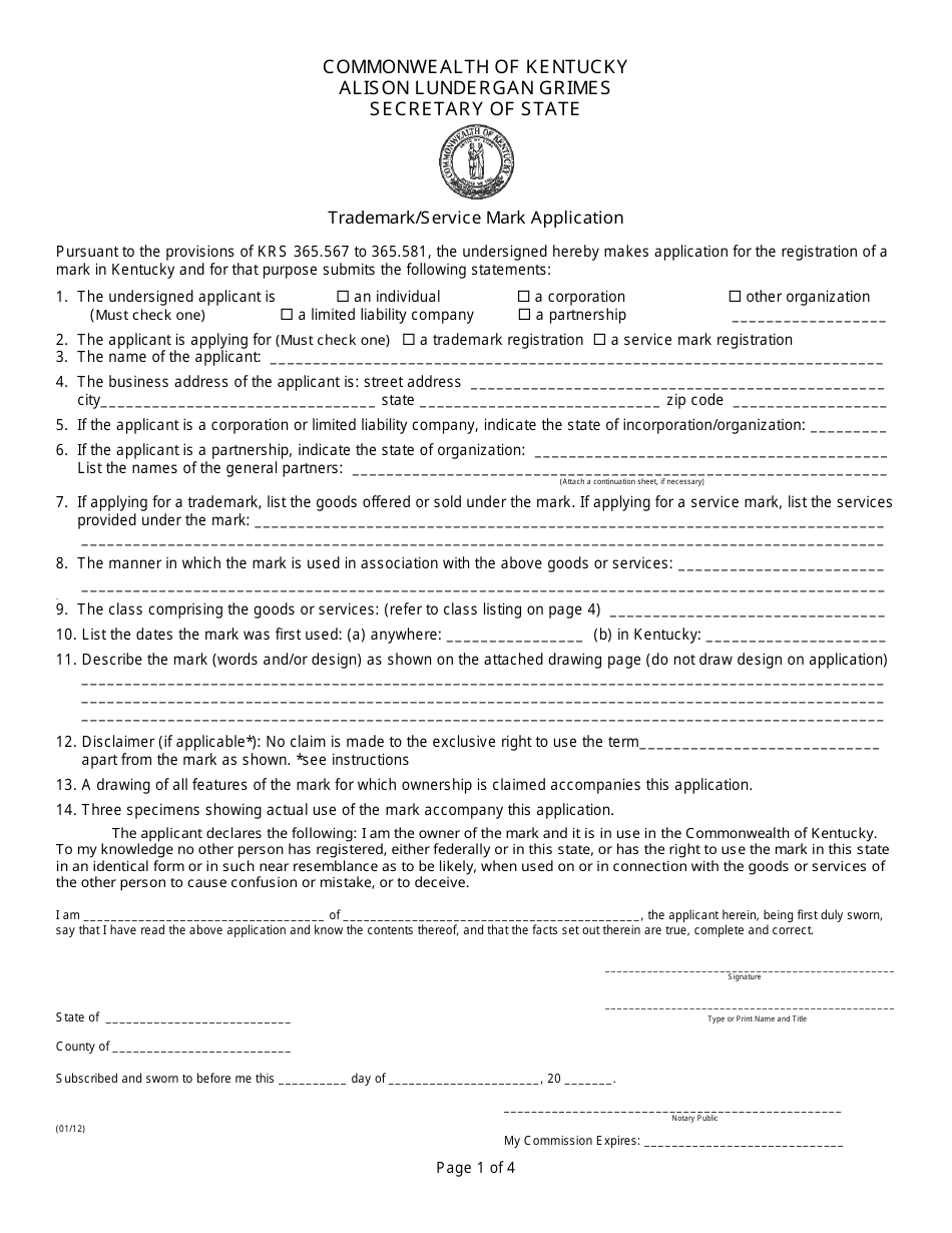 Kentucky Trademark/Service Mark Application Form - Fill Out, Sign ...