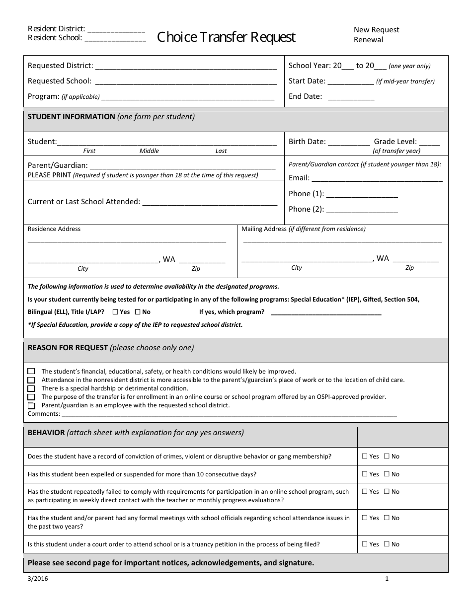 Choice Transfer Request Form - Hood Canal School District - Fill Out ...