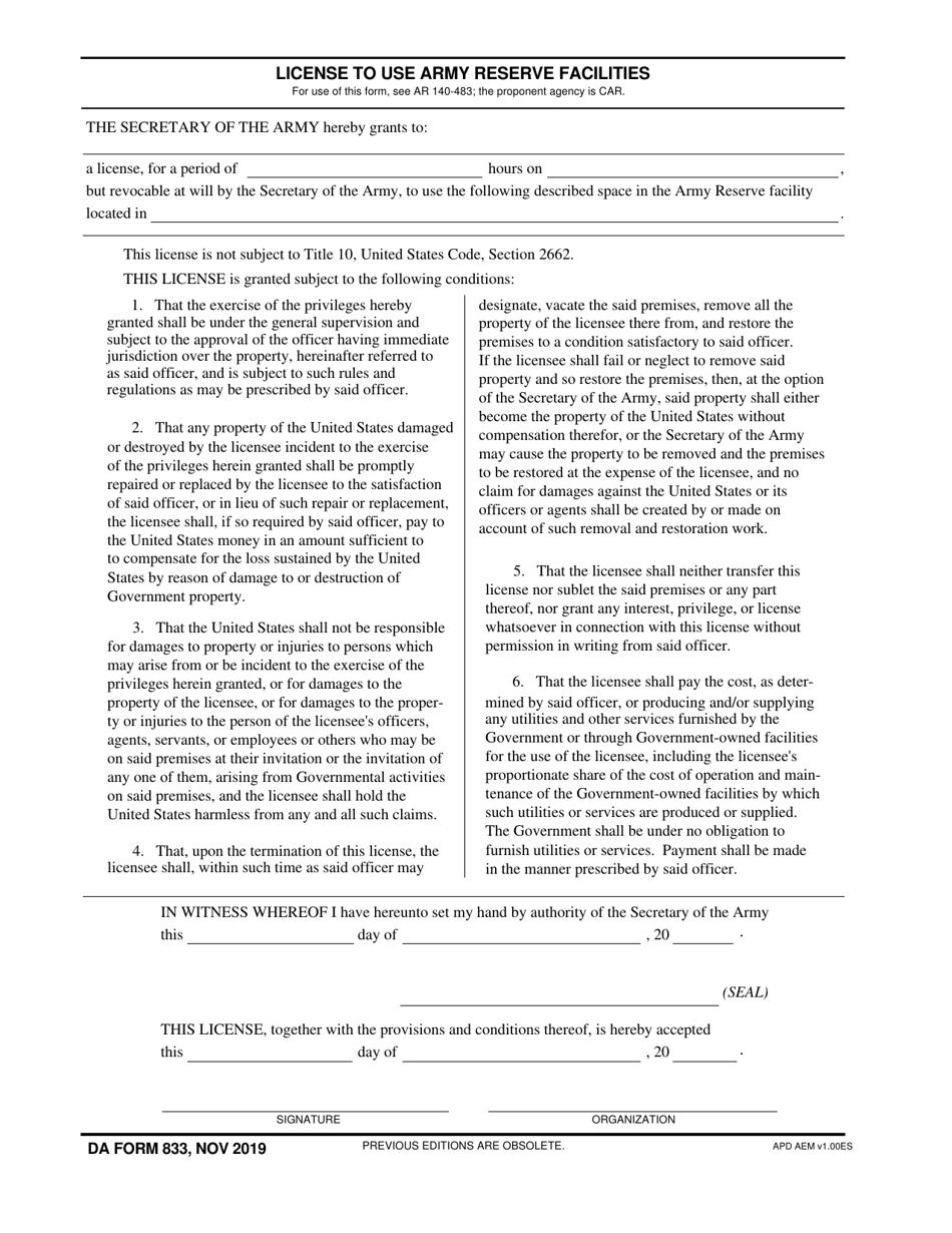 DA Form 833 Download Fillable PDF or Fill Online License to Use Army ...