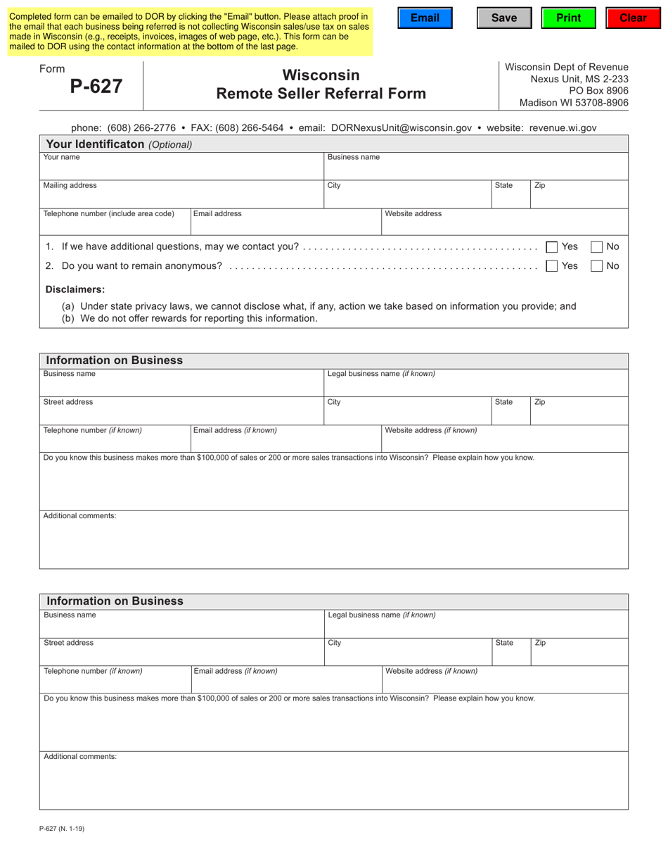 Form P-627 - Fill Out, Sign Online and Download Fillable PDF, Wisconsin ...