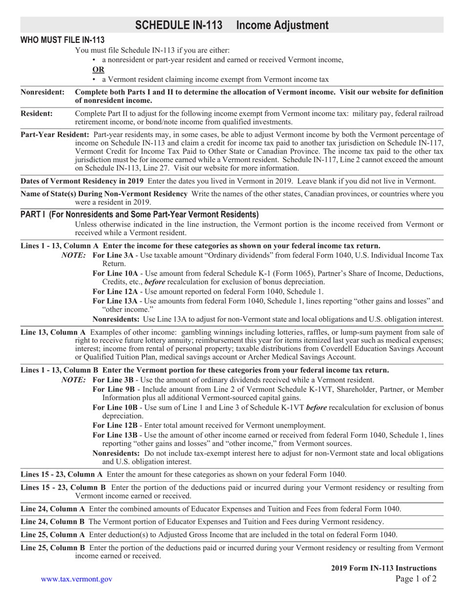 Download Instructions for Schedule IN-113 Vermont Income Adjustment ...