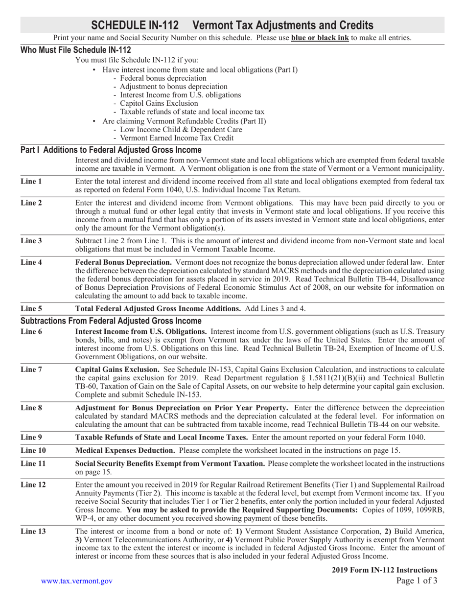 Download Instructions for Schedule IN-112 Vermont Tax Adjustments and ...