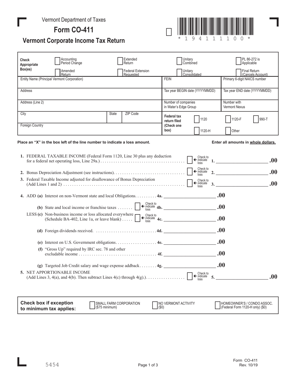 Form CO-411 Download Printable PDF or Fill Online Vermont Corporate ...