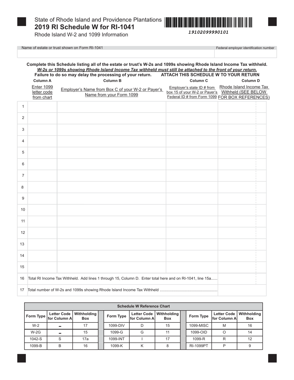 Form RI-1041 Schedule W - 2019 - Fill Out, Sign Online and Download ...