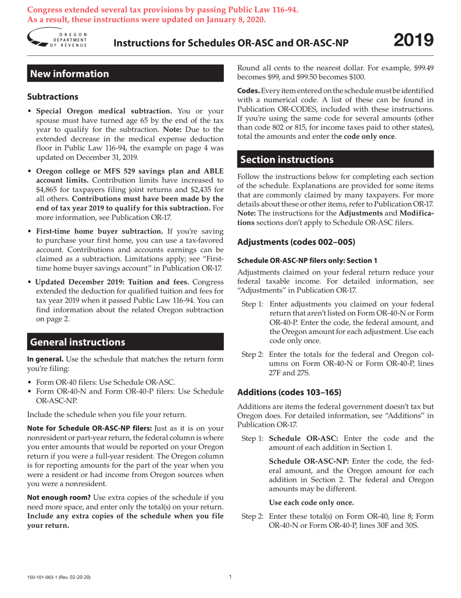Download Instructions for Form 150-101-063 Schedule OR-ASC, OR-ASC-NP ...
