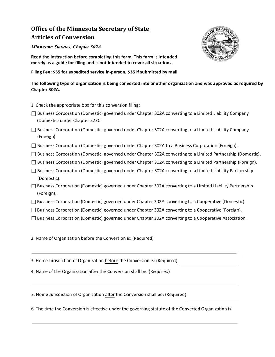 Minnesota Articles of Conversion - Fill Out, Sign Online and Download ...