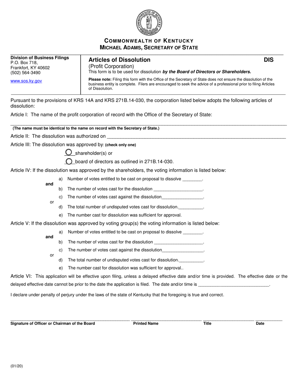 Kentucky Articles of Dissolution (Profit Corporation) - Fill Out, Sign ...