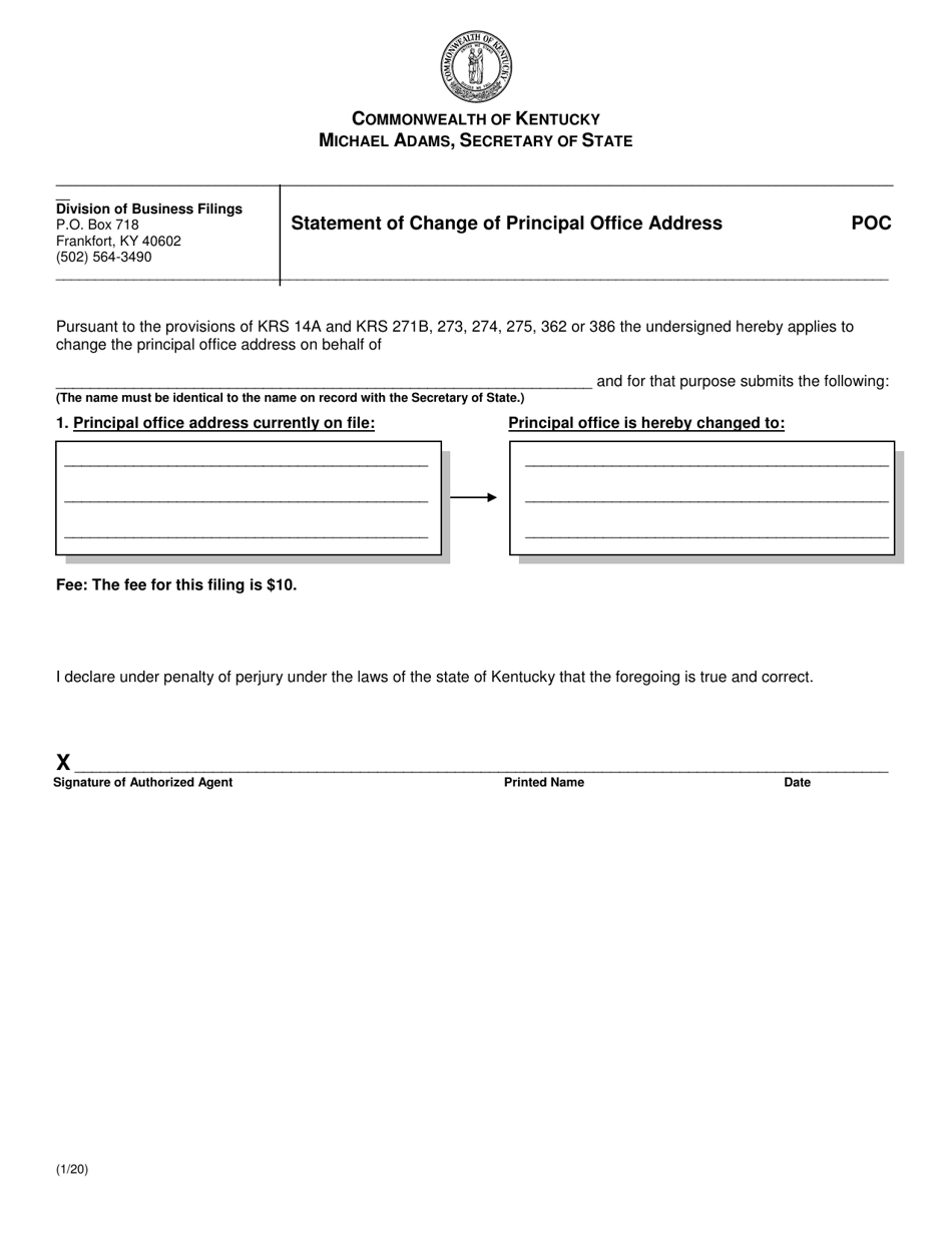 Kentucky Statement Of Change Of Principal Office Address Fill Out