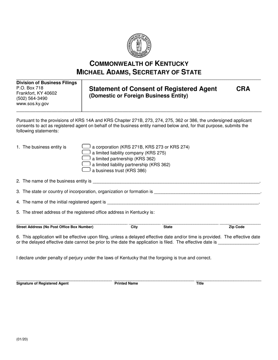 Kentucky Statement of Consent of Registered Agent (Domestic or Foreign ...