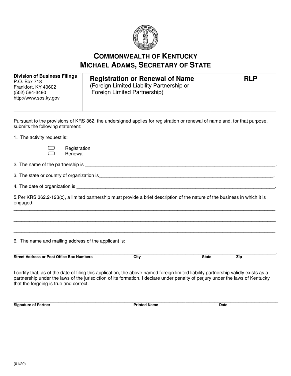 Kentucky Registration or Renewal of Name (Foreign Limited Liability ...