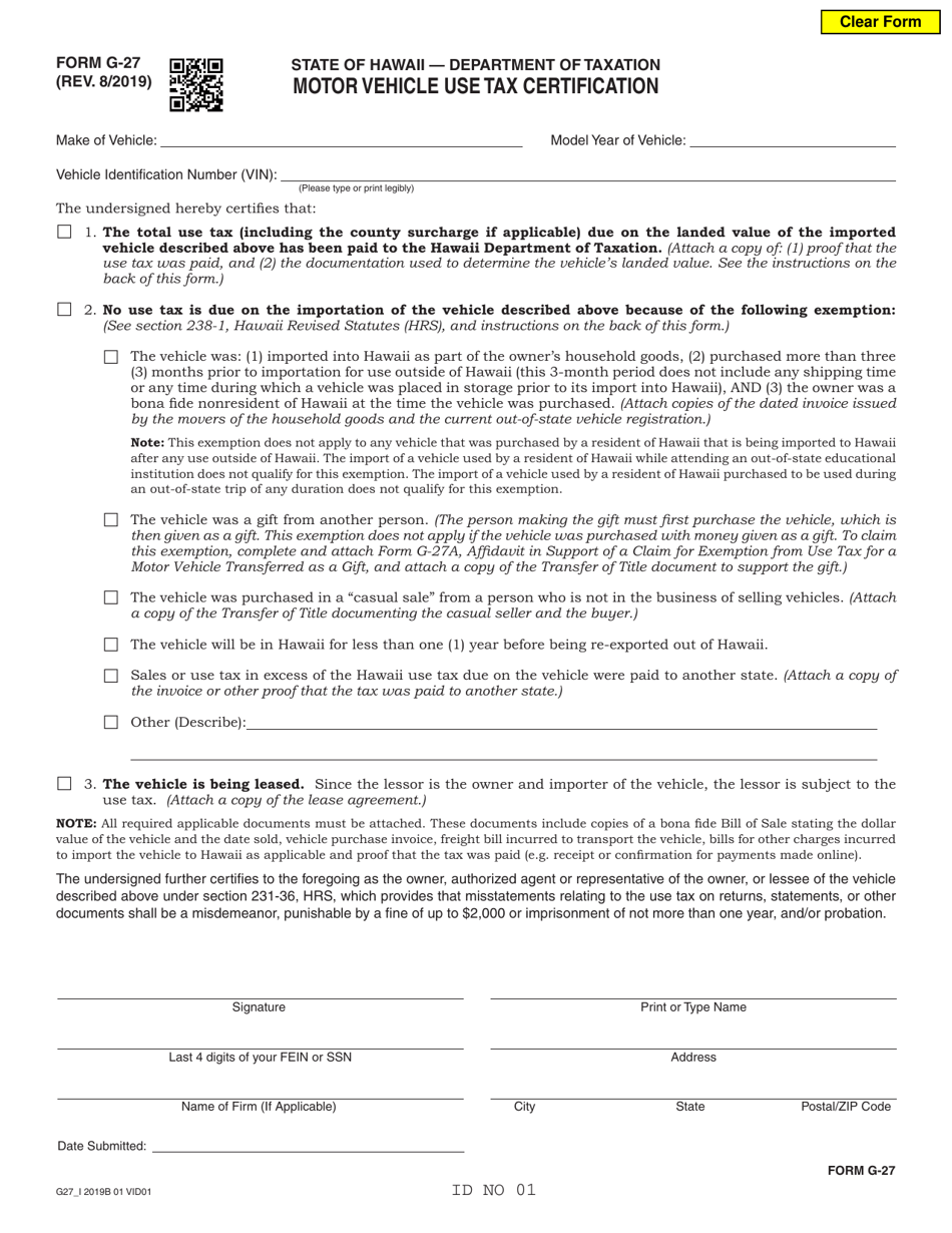 Form G-27 Download Fillable PDF or Fill Online Motor Vehicle Use Tax ...
