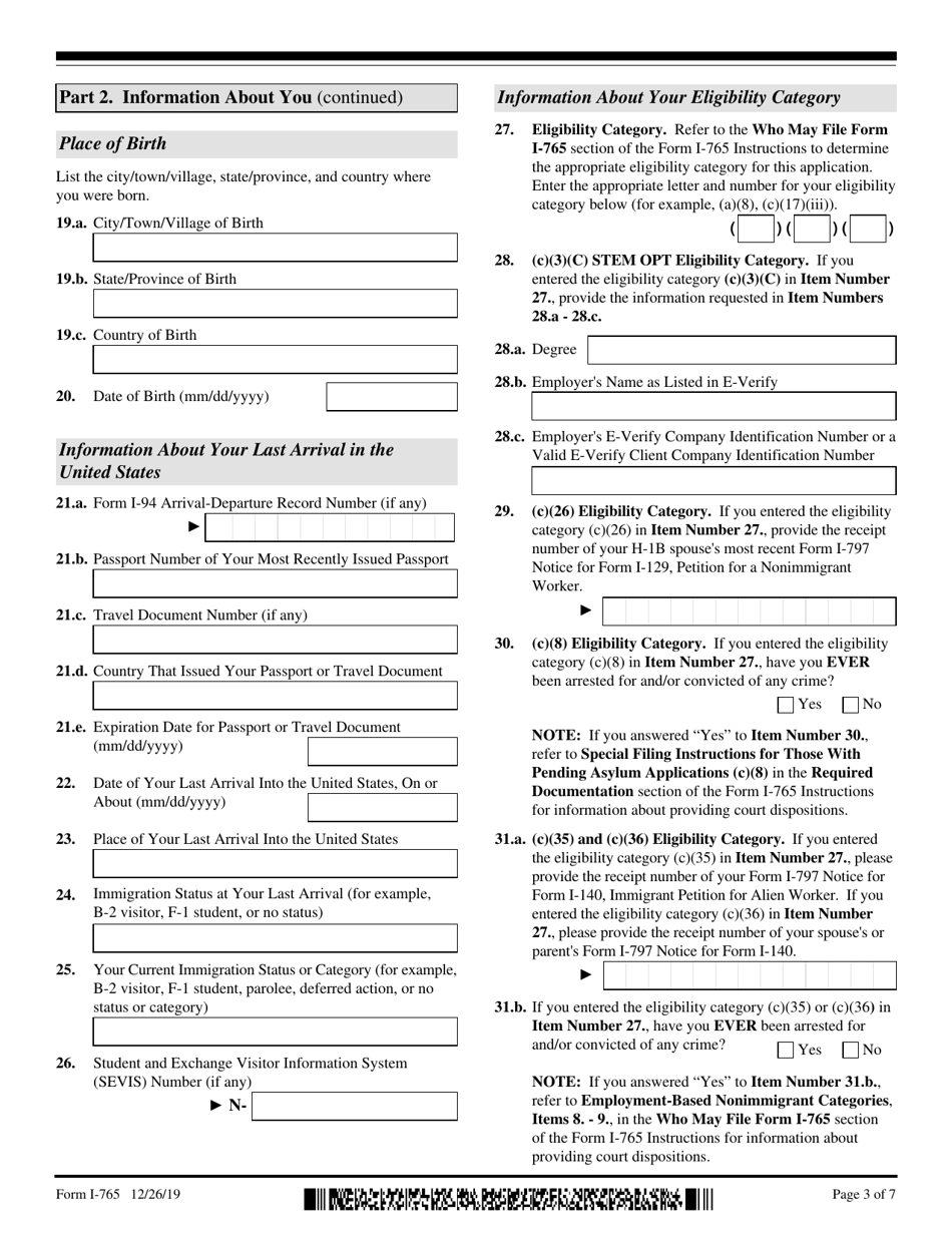 Uscis Form I 765 Download Fillable Pdf Or Fill Online Application For