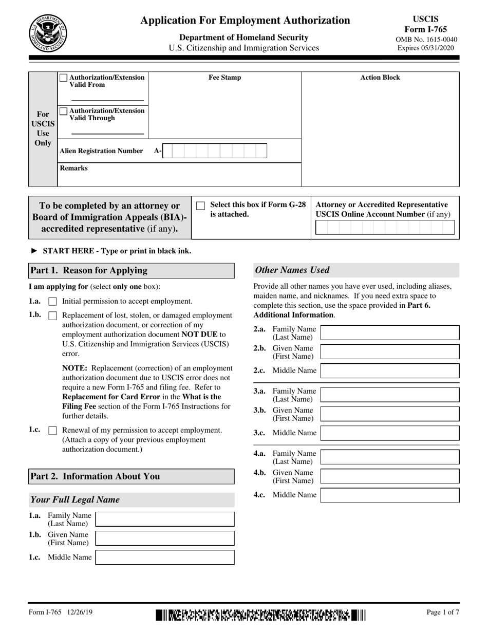USCIS Form I 765 Download Fillable PDF Or Fill Online Application For USCIS Form I 765 Download Fillable PDF Or Fill Online Application For