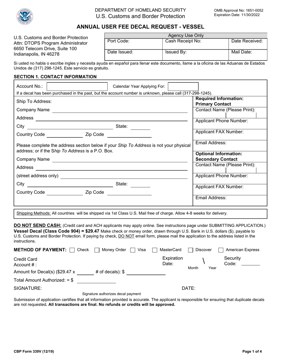 CBP Form 339V Download Fillable PDF or Fill Online Annual User Fee ...