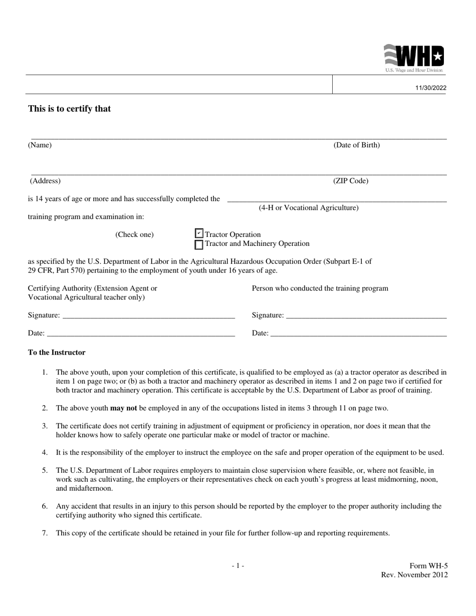 Form WH-5 - Fill Out, Sign Online and Download Fillable PDF ...