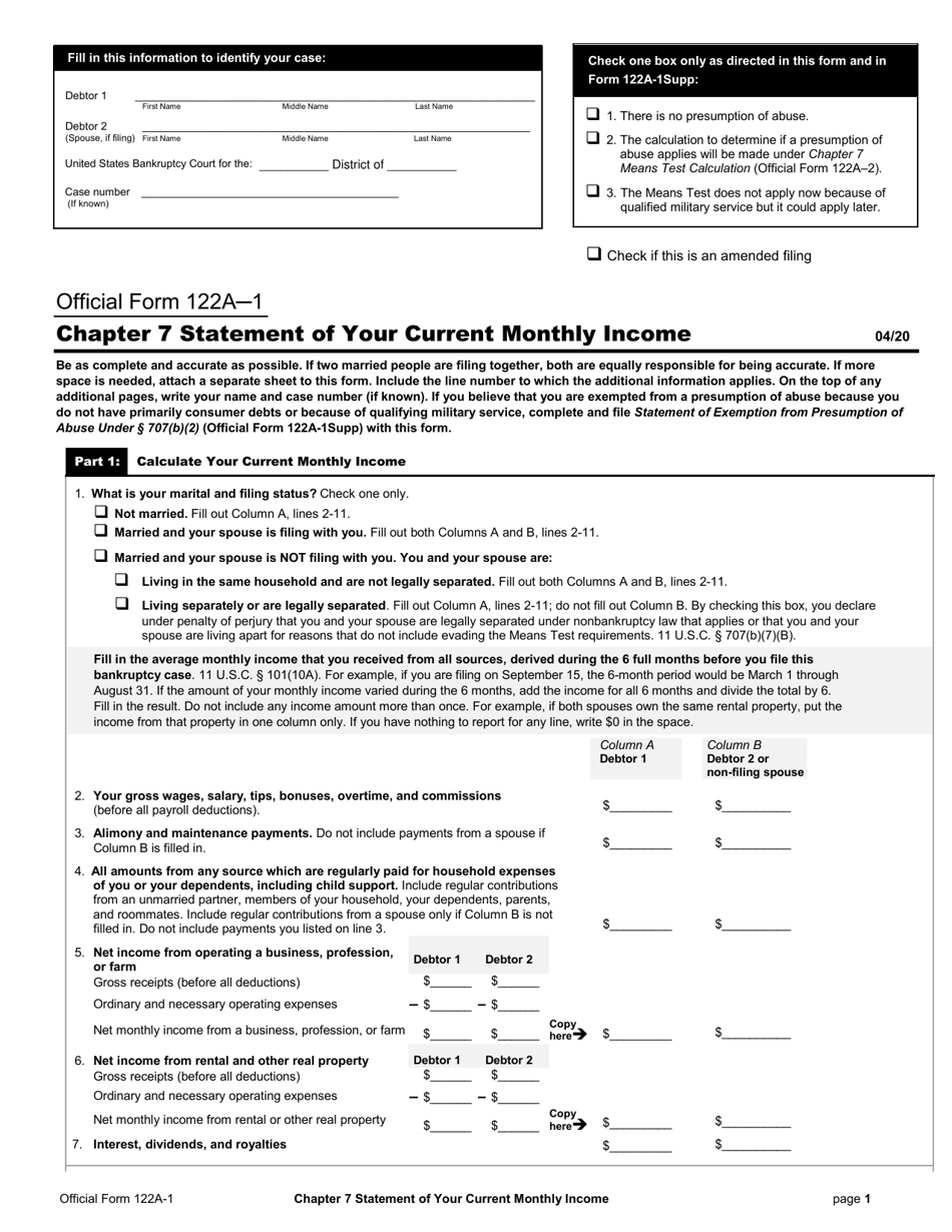 Official Form 122A-1 Download Fillable PDF or Fill Online Chapter 7 ...