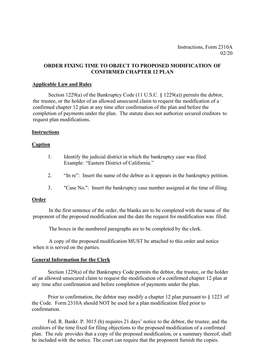 Download Instructions for Form B2310A Order Fixing Time to Object to Proposed Modfication of ...