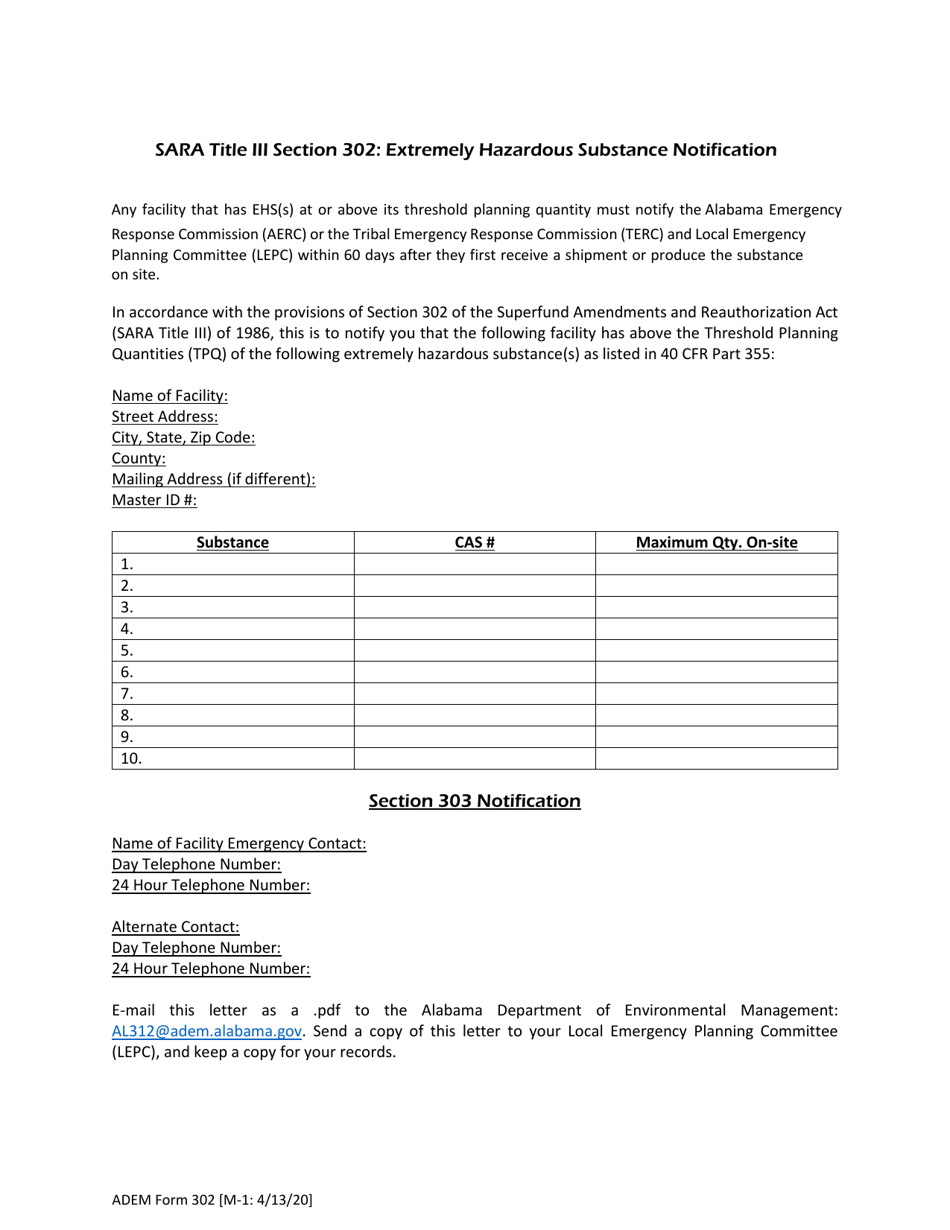 ADEM Form 302 Download Fillable PDF or Fill Online Sara Title Iii ...