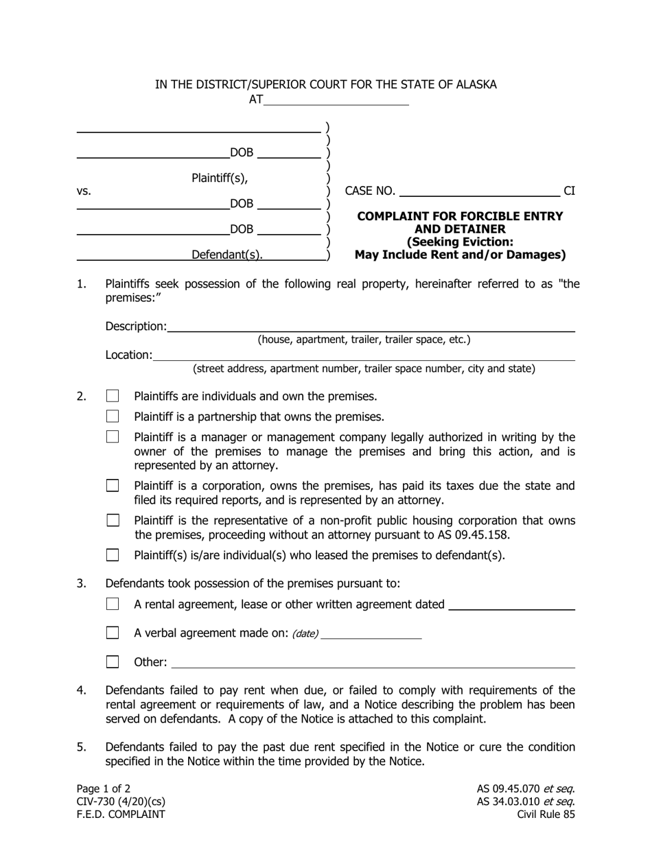 Form CIV-730 Download Fillable PDF or Fill Online Complaint for ...