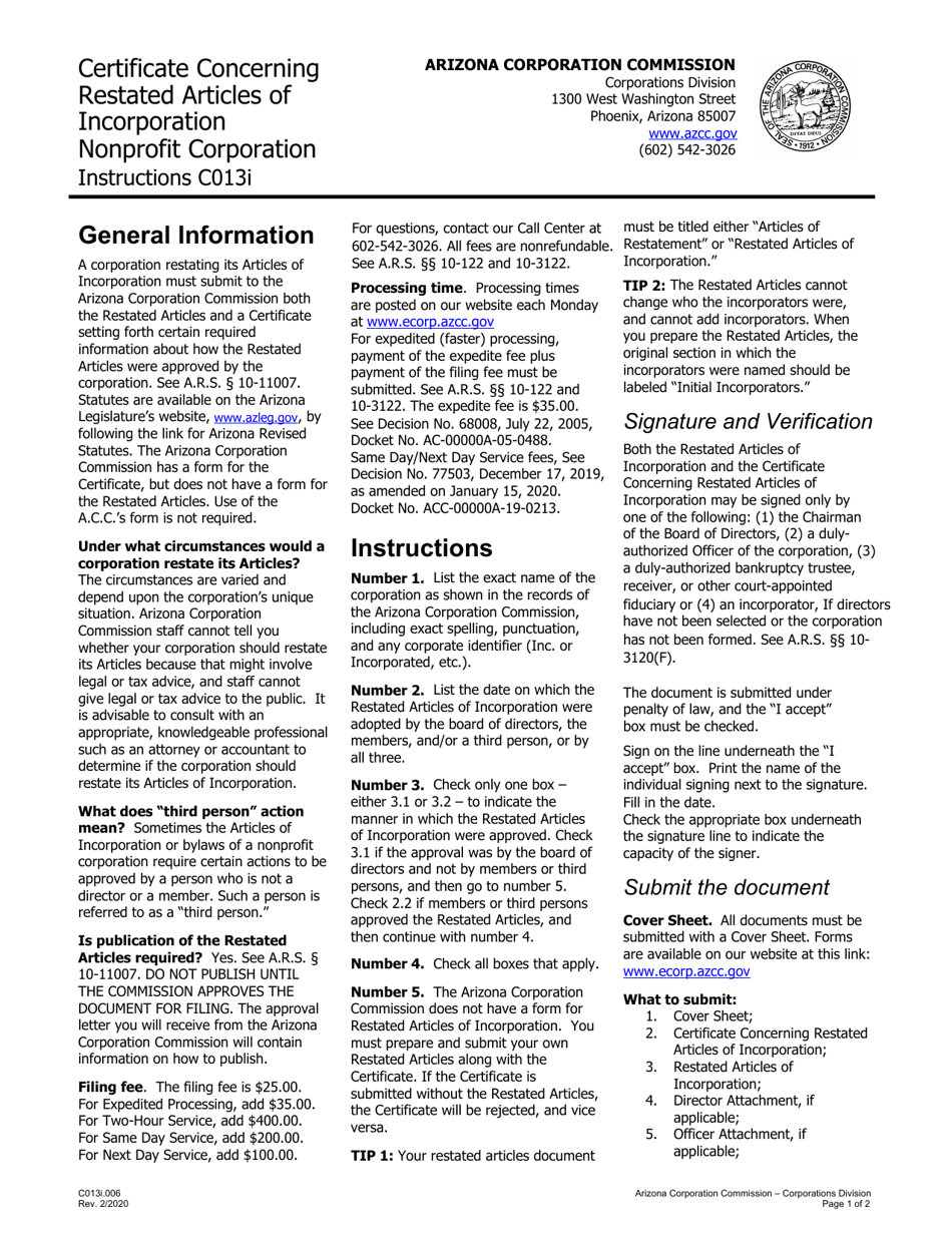 Download Instructions for Form C013.003 Certificate Concerning Restated ...
