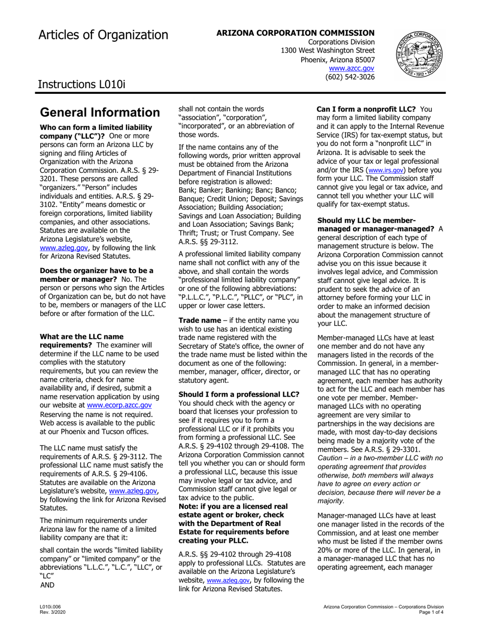 Download Instructions for Form L010.005 Articles of Organization PDF ...