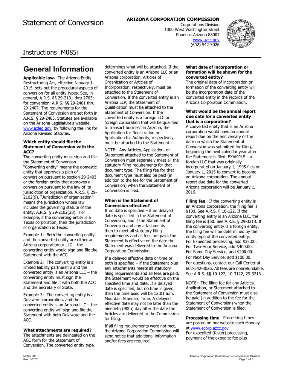 Download Instructions for Form M085.004 Statement of Conversion PDF ...
