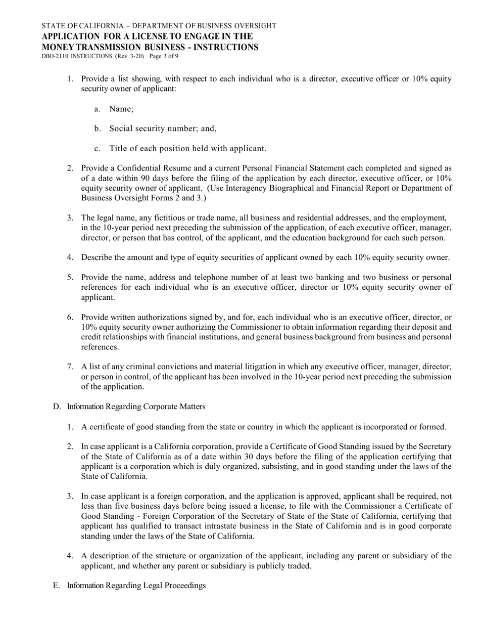 Download Instructions For Form Dbo 2110 Application For A License To