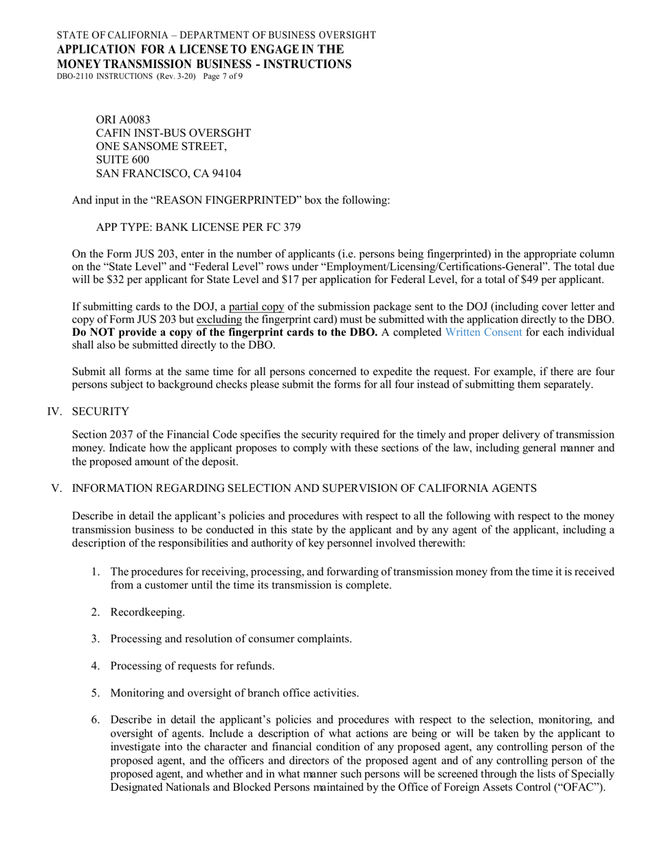 Download Instructions For Form Dbo 2110 Application For A License To