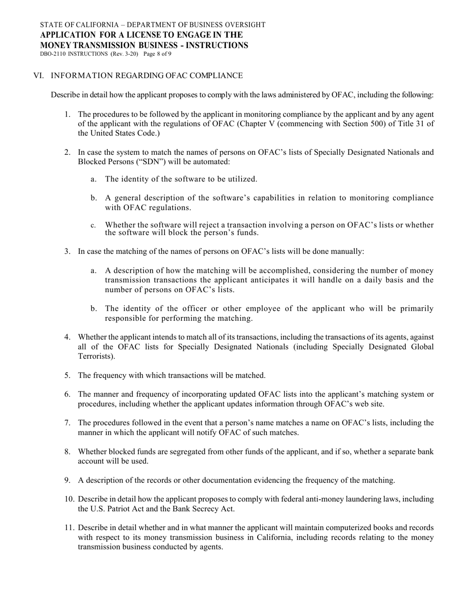 Download Instructions For Form Dbo 2110 Application For A License To