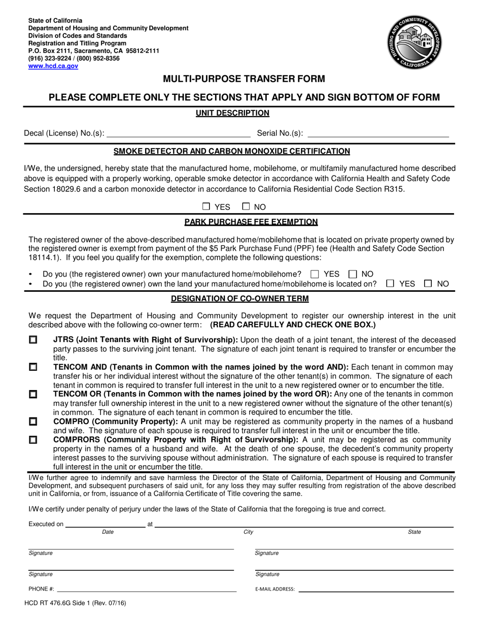 Form HCD RT476.6G - Fill Out, Sign Online and Download Fillable PDF ...