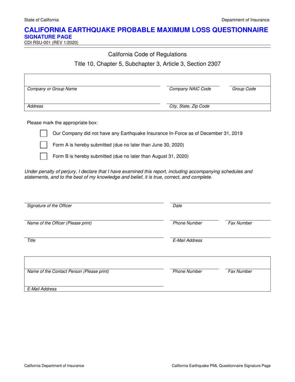 Form CDI RSU-001 Download Fillable PDF or Fill Online California ...