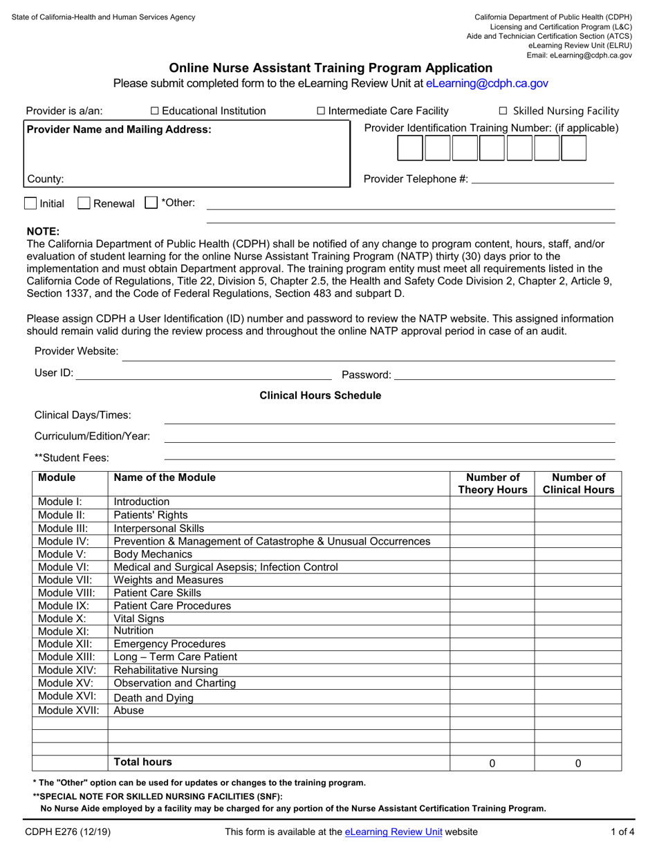 Form CDPH E276 - Fill Out, Sign Online and Download Fillable PDF ...