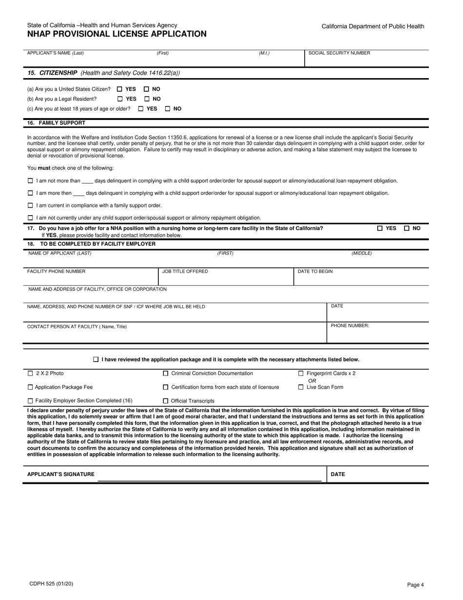 Form CDPH525 Download Fillable PDF or Fill Online Application for Provisional License ...