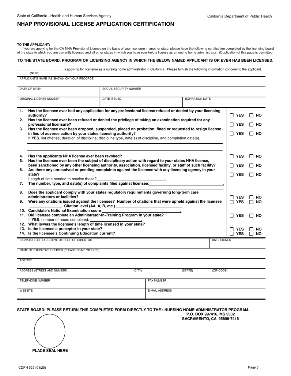 Form CDPH525 Download Fillable PDF or Fill Online Application for Provisional License ...