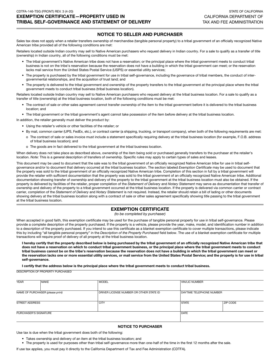 Form CDTFA-146-TSG Download Fillable PDF or Fill Online Exemption ...