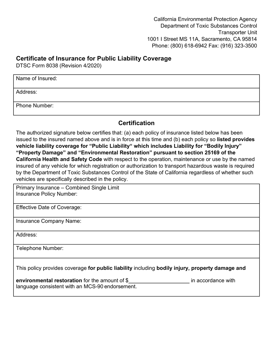 DTSC Form 8038 Download Fillable PDF or Fill Online Certificate of ...
