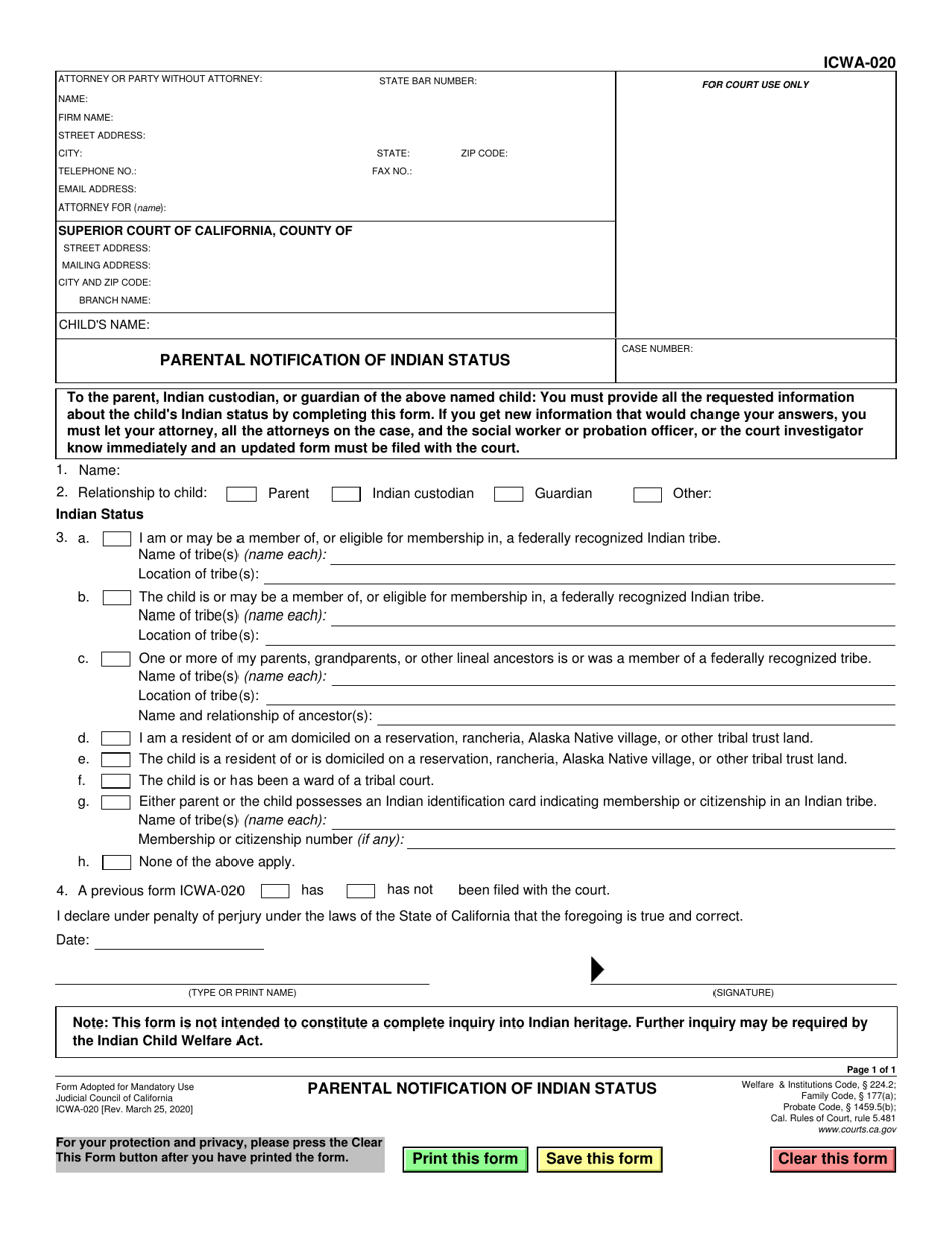 Form ICWA-020 - Fill Out, Sign Online and Download Fillable PDF ...