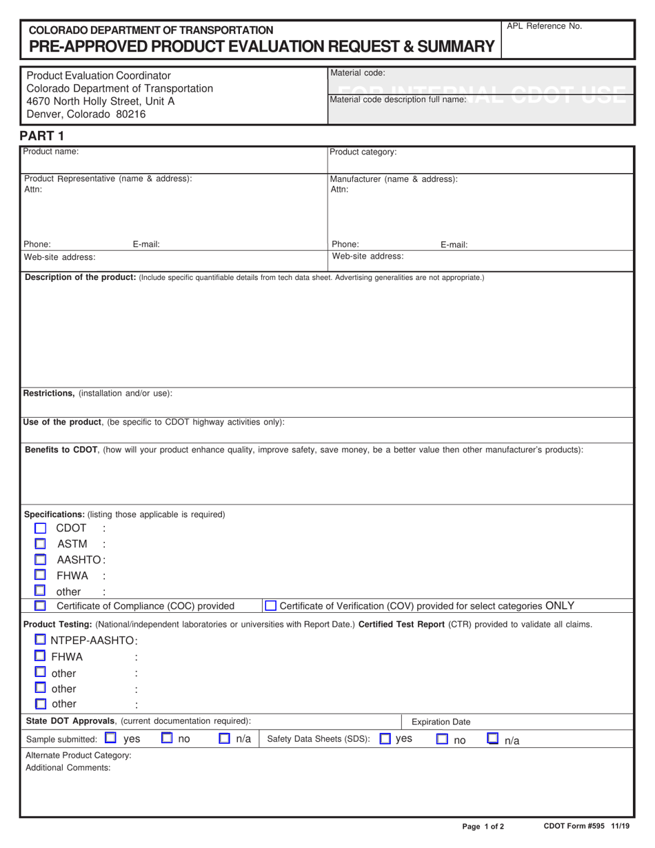 CDOT Form 595 Download Fillable PDF or Fill Online Pre-approved Product ...