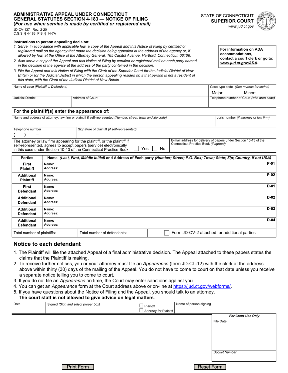 Form JD-CV-137 Download Fillable PDF or Fill Online Administrative ...