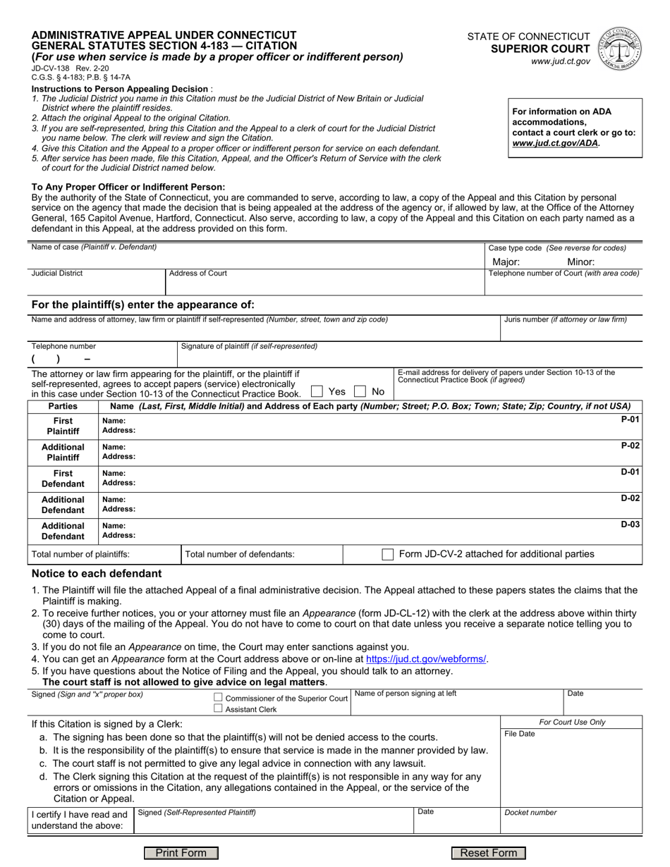 Form JD-CV-138 Download Fillable PDF or Fill Online Administrative ...