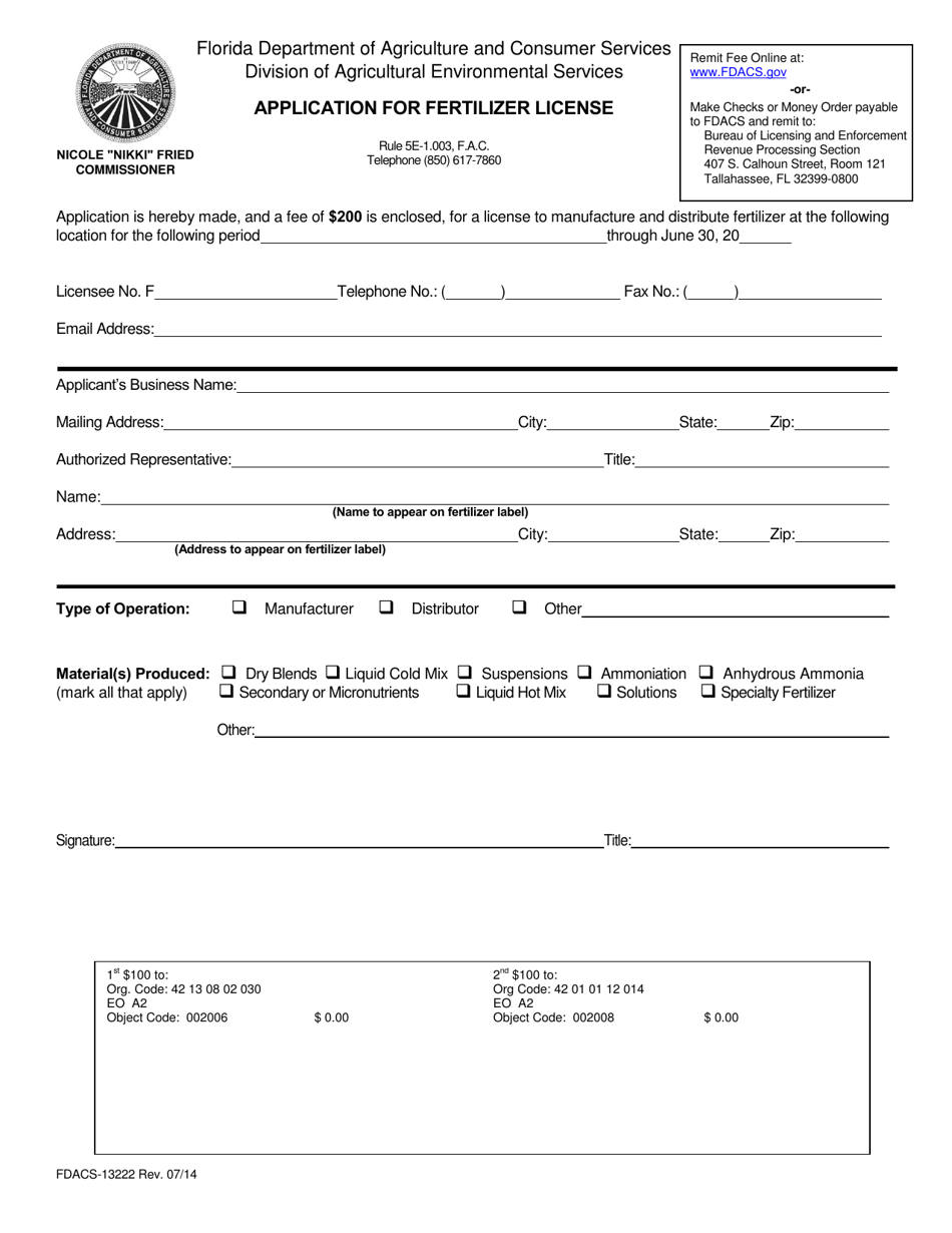 Form FDACS-13222 - Fill Out, Sign Online and Download Printable PDF ...