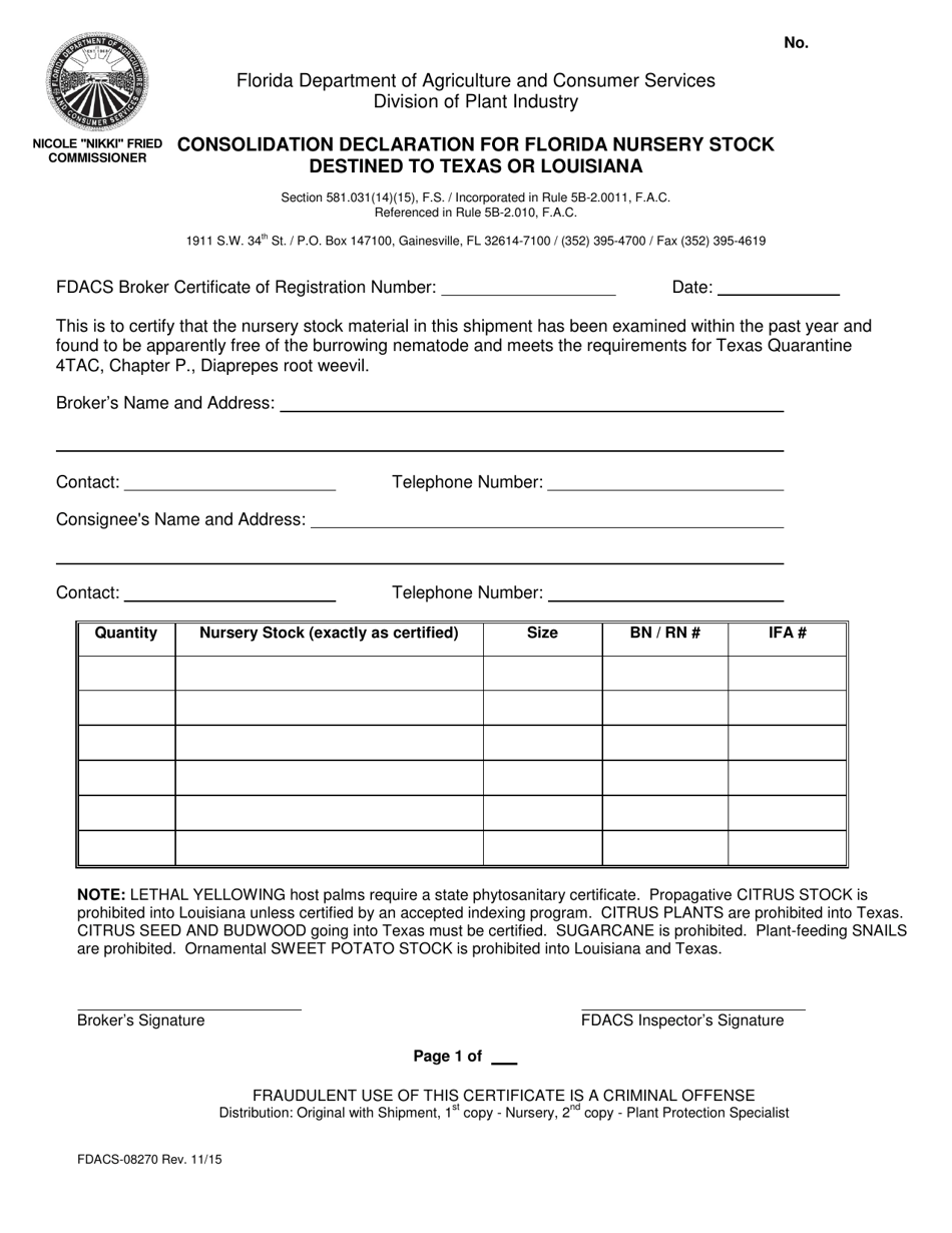 Form FDACS-08270 - Fill Out, Sign Online and Download Fillable PDF ...